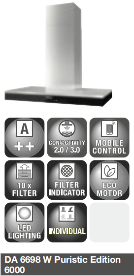 MIELE德国抽油烟机壁挂式DA 6698 W Puristic Edition 6000 触摸控制 - DA 6698 W Puristic ...